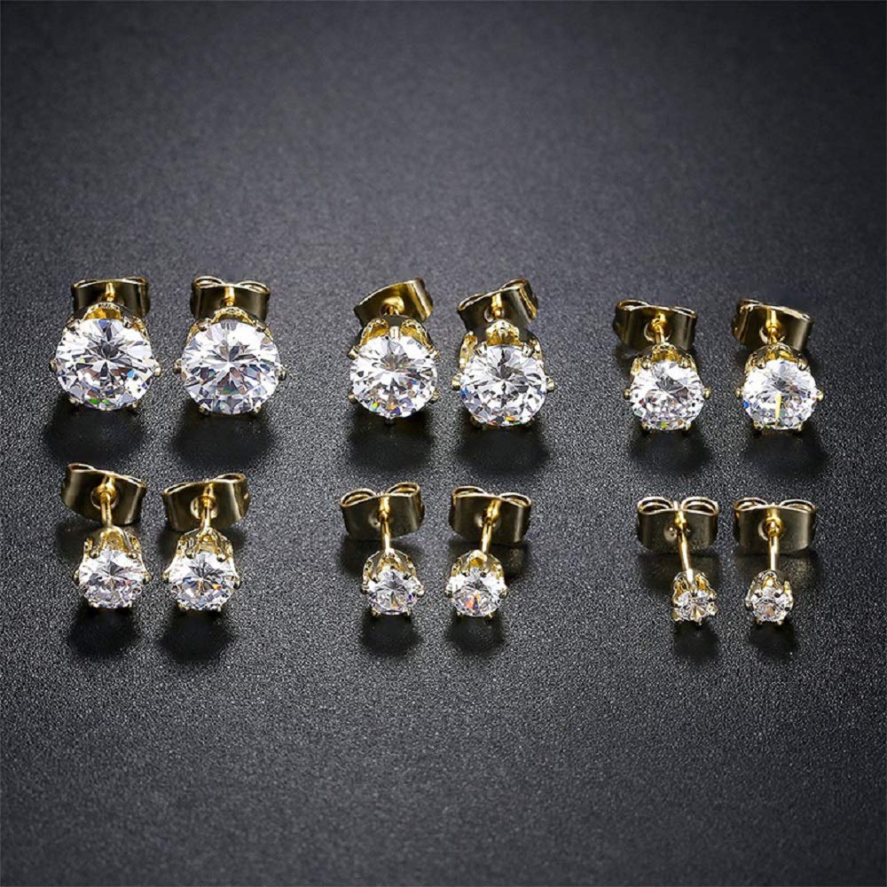 Bulyroki 6 Pairs 18K Gold Plated CZ Stud Earrings Simulated Diamond Round Cubic Zirconia Ear Stud Set 3mm-8mm (Gold)