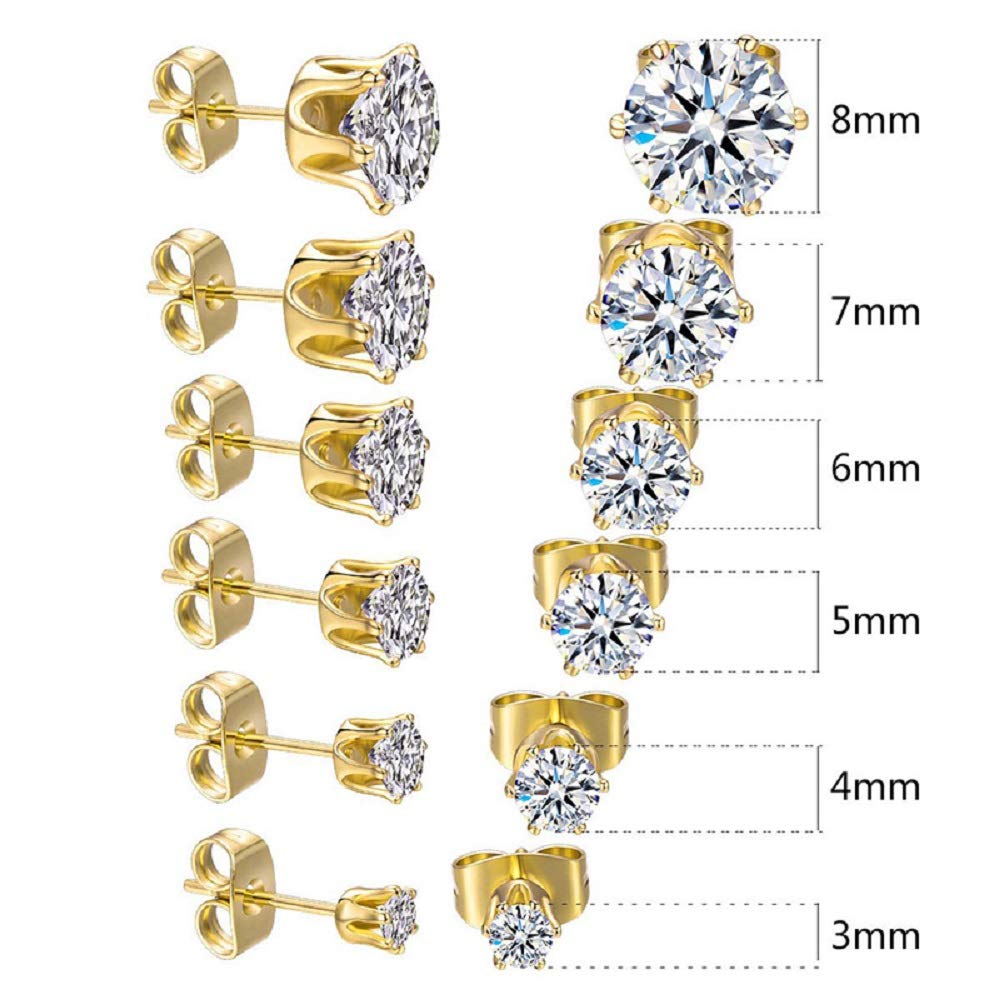 Bulyroki 6 Pairs 18K Gold Plated CZ Stud Earrings Simulated Diamond Round Cubic Zirconia Ear Stud Set 3mm-8mm (Gold)