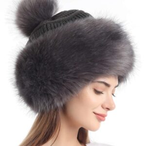 Soul Young Women's Faux Fur Hat Black Russian Cossack Knit Pompom Ski Snow Cap for Winter White(One Size,Dark Grey)