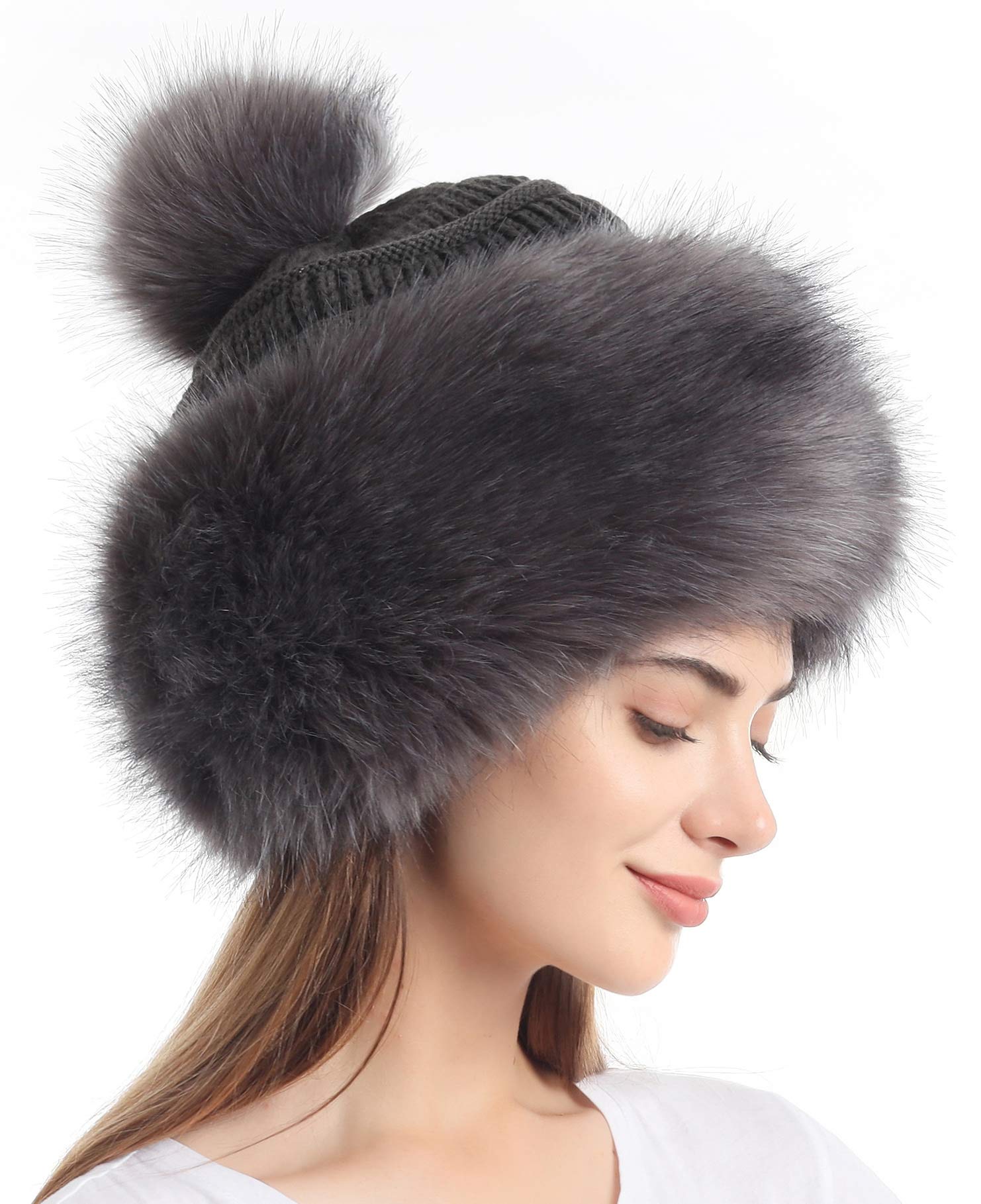 Soul Young Women's Faux Fur Hat Black Russian Cossack Knit Pompom Ski Snow Cap for Winter White(One Size,Dark Grey)