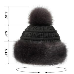 Soul Young Women's Faux Fur Hat Black Russian Cossack Knit Pompom Ski Snow Cap for Winter White(One Size,Dark Grey)