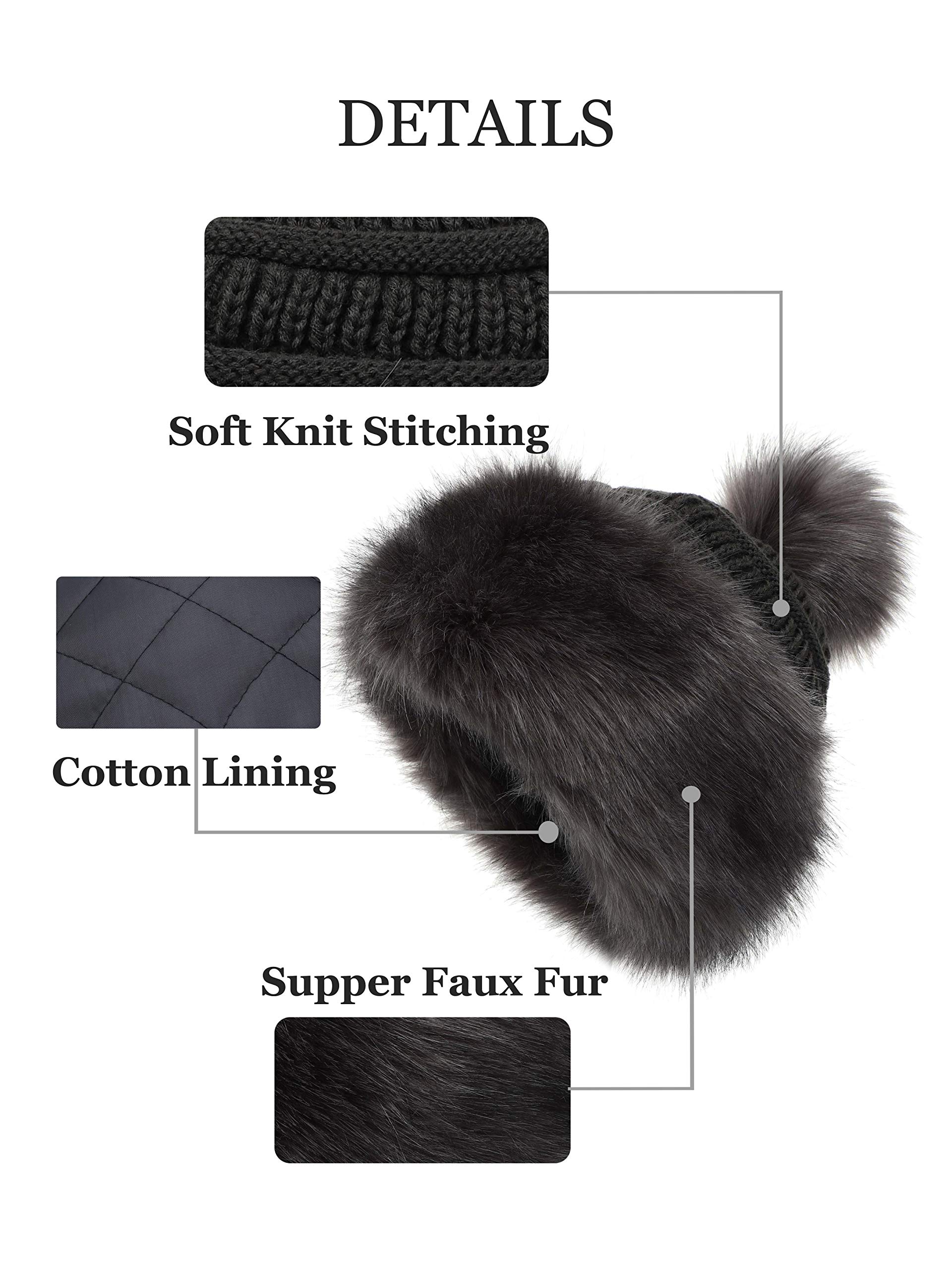 Soul Young Women's Faux Fur Hat Black Russian Cossack Knit Pompom Ski Snow Cap for Winter White(One Size,Dark Grey)