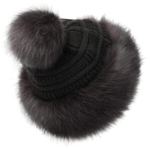 Soul Young Women's Faux Fur Hat Black Russian Cossack Knit Pompom Ski Snow Cap for Winter White(One Size,Dark Grey)