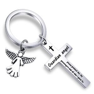 feelmem guardian angel prayer cross keychain guardian angel protect me my passengers by safe drive safe trip travel safely keyring motorist prayer gift (silver)