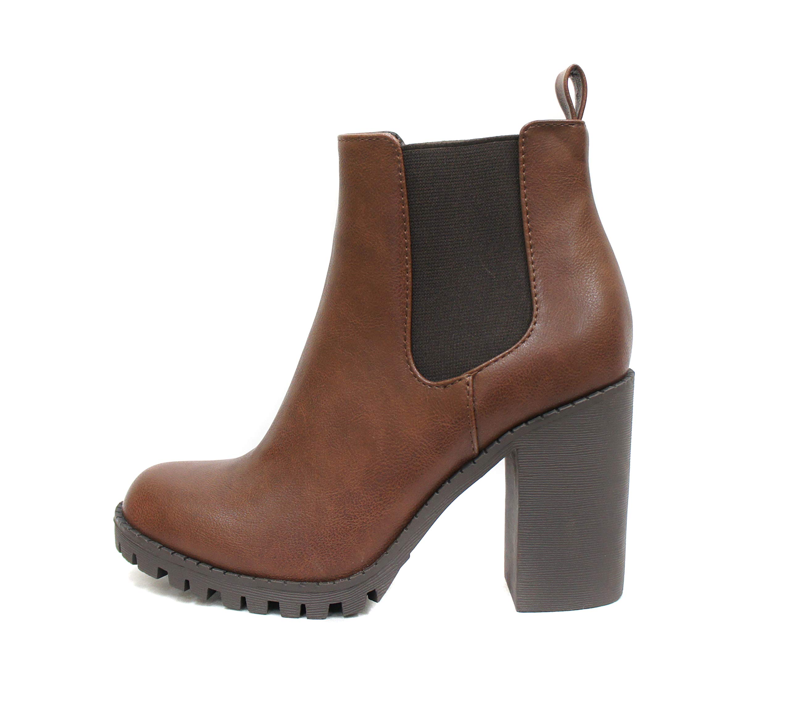 Soda Glove - Ankle Boot w/Lug Sole Elastic Gore and Chunky Heel (7.5, Brown (PU))