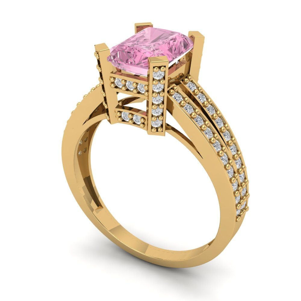 Clara Pucci 2.64ct Emerald Cut Solitaire split shank Pink Simulated Diamond Designer Wedding Anniversary Bridal Ring 14k Yellow Gold