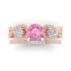 clara pucci 1.94 carat round shape 3 stone pink simulated diamond engagement wedding anniversary bridal ring band set 14k rose gold 6.75