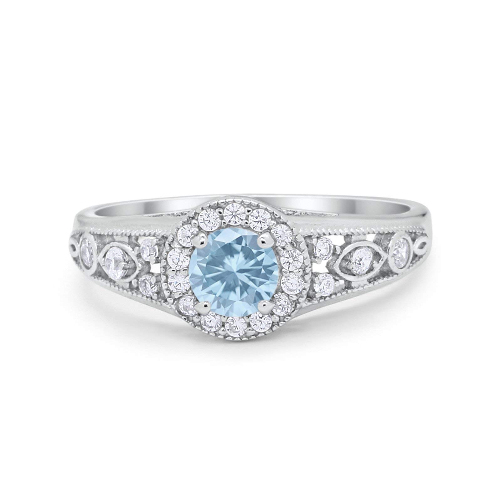 Blue Apple Co. Vintage Style Art Deco Bridal Wedding Engagement Ring Halo Round Simulated Aquamarine Cubic Zirconia 925 Sterling Silver Size-10