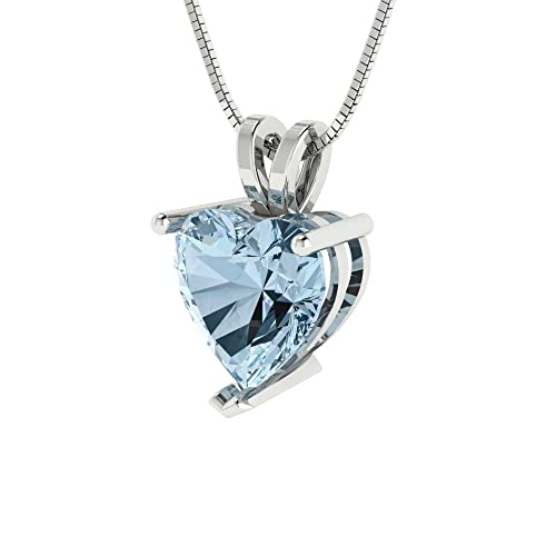 Clara Pucci 2.0 ct Heart Cut Stunning Genuine Aquamarine Blue Simulated Diamond Solitaire Pendant With 16" Gold Chain Box 14k White Gold