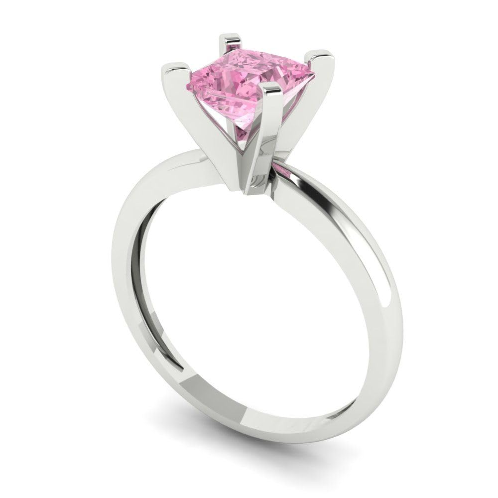 Clara Pucci 1.0 ct Princess Cut Solitaire Pink Simulated Diamond Wedding Bridal Designer Anniversary Engagement Ring Real 14k White Gold