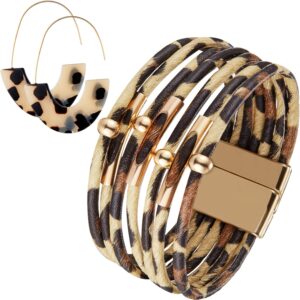 hicarer leopard bracelets and earrings cheetah bracelets tortoise shell earrings multilayer leather wrap bracelets large wrists boho accessories