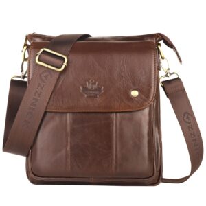 zznick genuine leather messenger bag, sling bag crossbody shoulder bags for travel work business (brown-2303, medium)