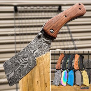 kccedge best cutlery source edc pocket knife camping accessories razor sharp edge cleaver blade folding knife for camping gear survival kit 58649 (damascus etched)