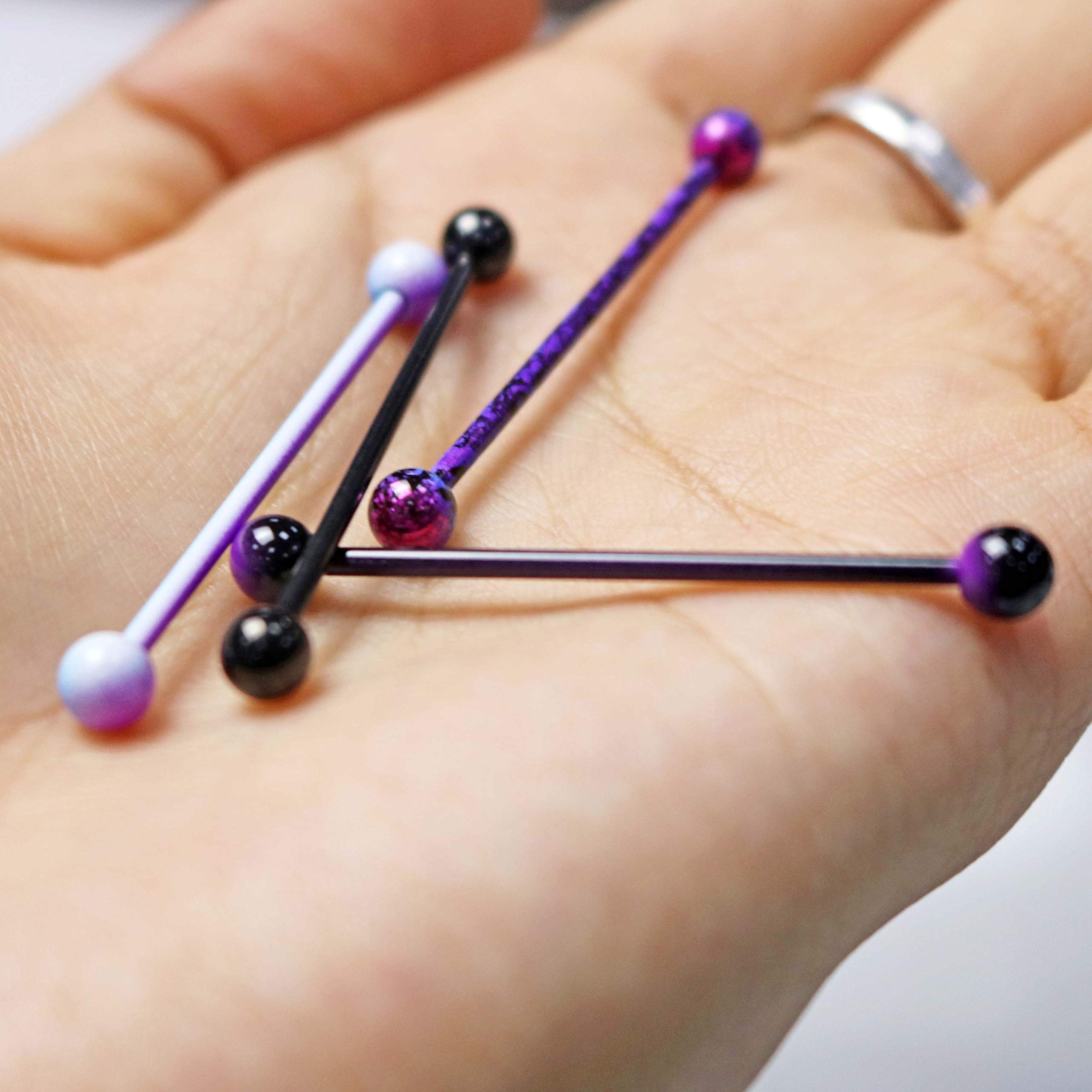 OUFER 14G 4PCS Stainless Steel Industrial Barbell Purple Black Splatter Industrial Earrings Industrial Piercing Jewelry for Women