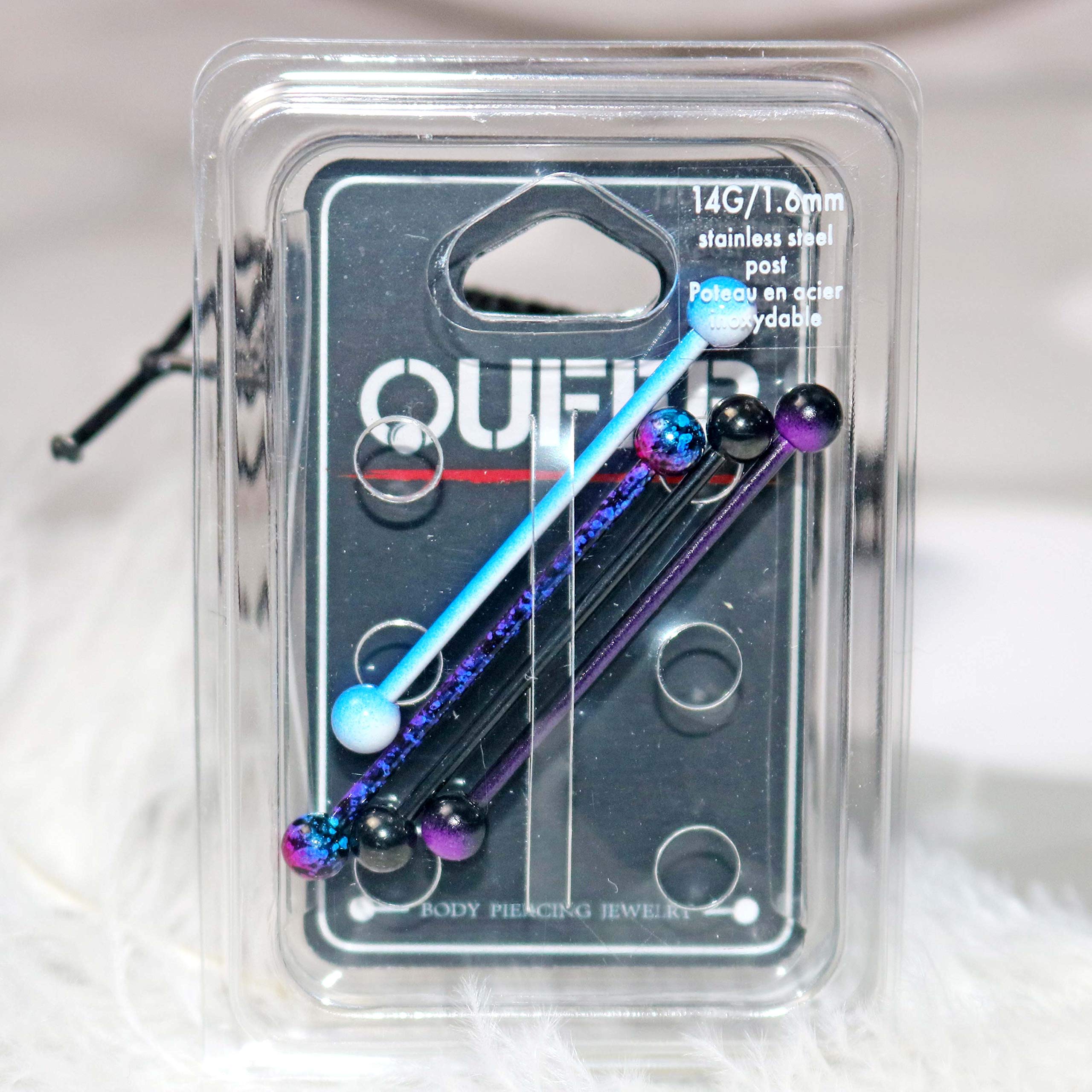 OUFER 14G 4PCS Stainless Steel Industrial Barbell Purple Black Splatter Industrial Earrings Industrial Piercing Jewelry for Women