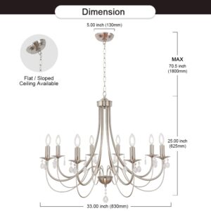 Lucidce 8-Lights Farmhouse Chandeliers Brushed Nickel Industrial Kitchen Island Pendant Light Fixtures Modern Crystal Chandelier Ceiling Lighting for Stairway Foyer Hallway Dining Room