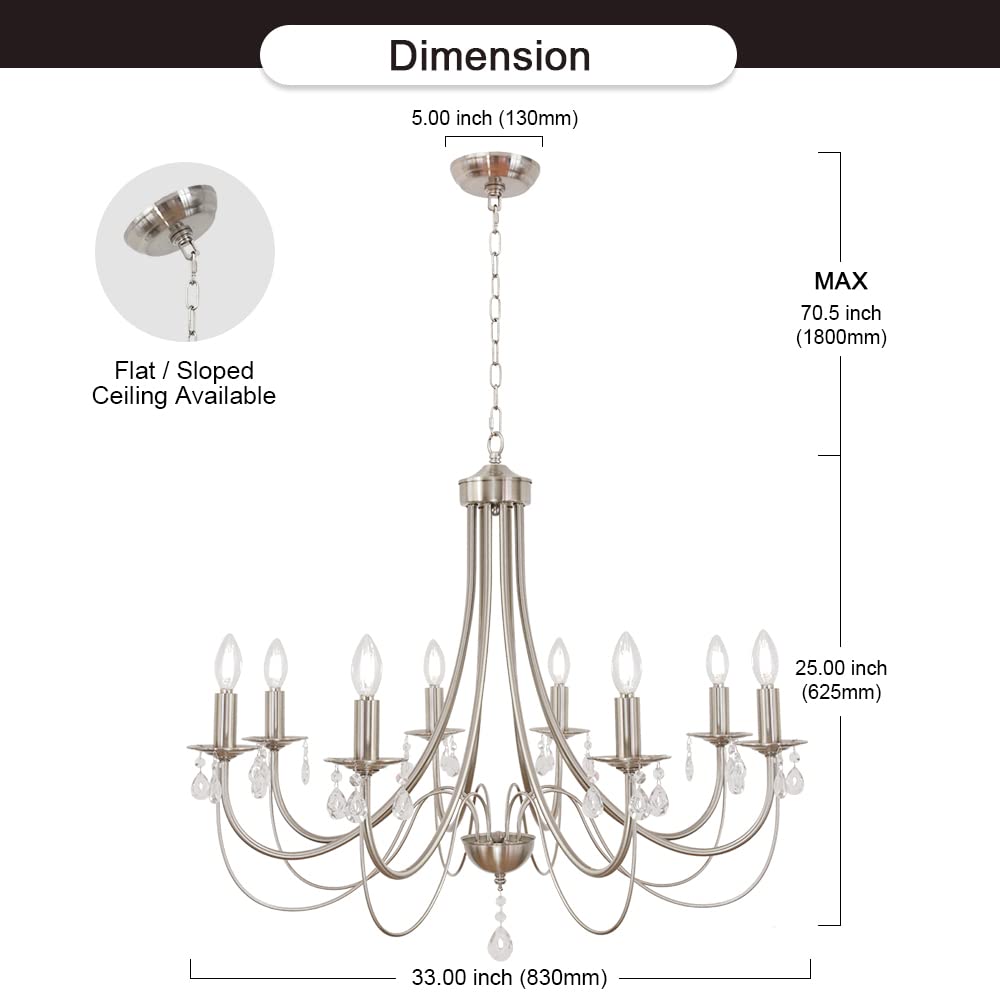 Lucidce 8-Lights Farmhouse Chandeliers Brushed Nickel Industrial Kitchen Island Pendant Light Fixtures Modern Crystal Chandelier Ceiling Lighting for Stairway Foyer Hallway Dining Room