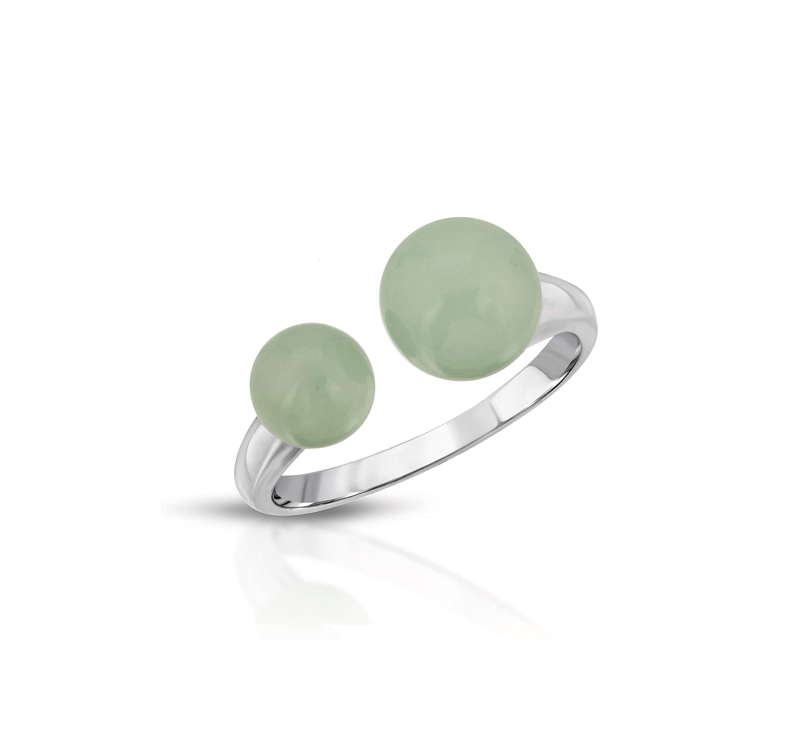 Regalia by Ulti Ramos .925 Sterling Silver Genuine Gemstone Double Bead Flexible Ring (Green Jade, White Plated)