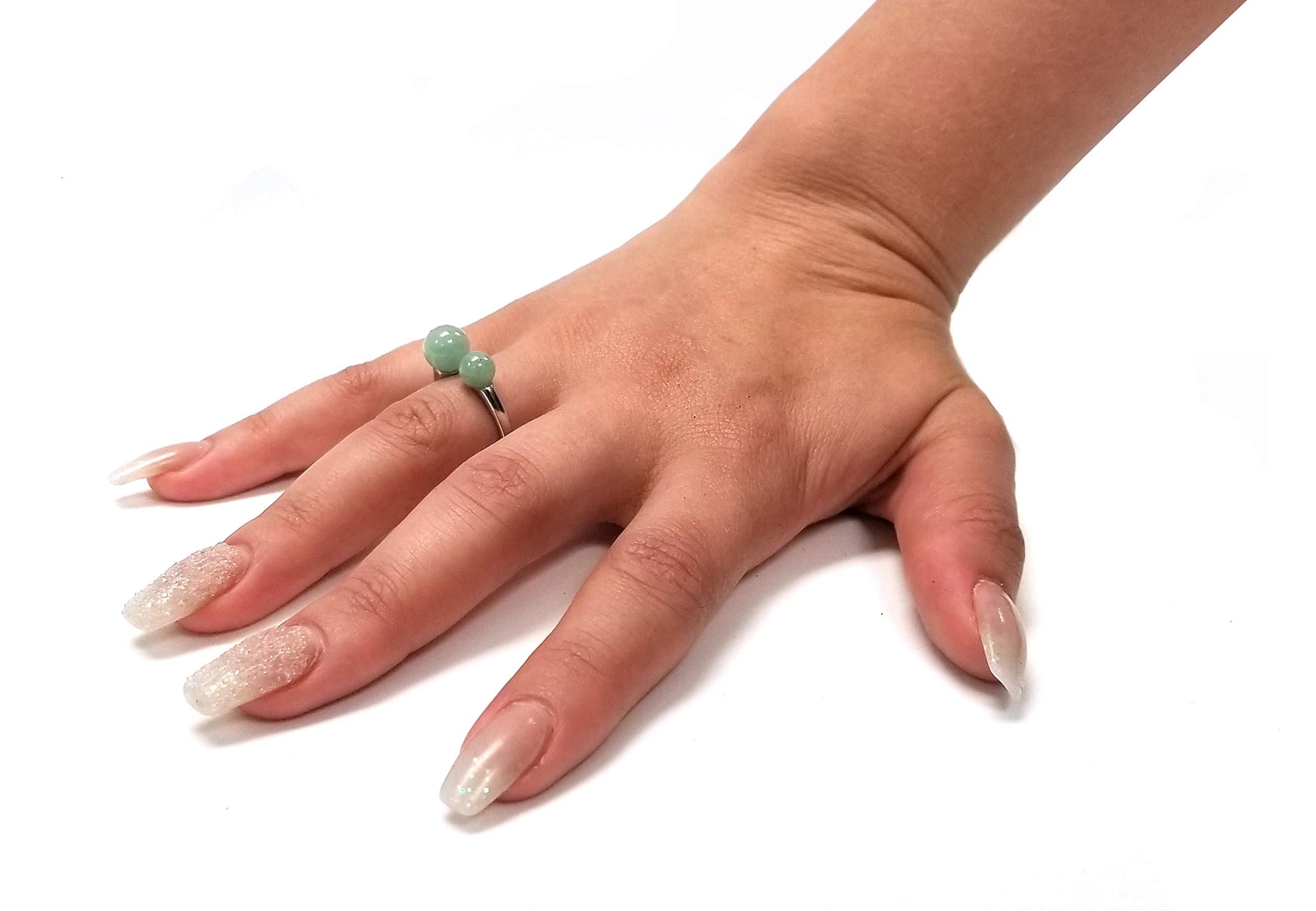 Regalia by Ulti Ramos .925 Sterling Silver Genuine Gemstone Double Bead Flexible Ring (Green Jade, White Plated)