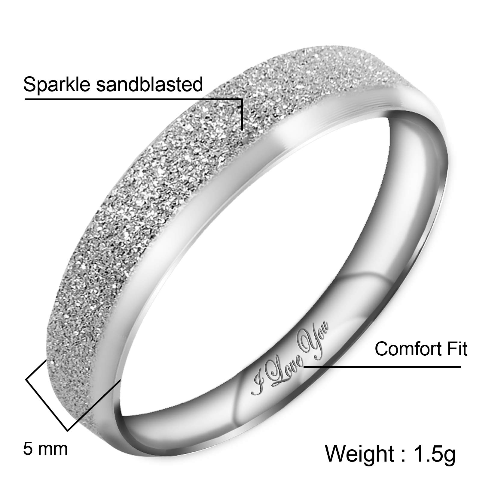 Everstone Women's Sparkle 5MM Dome Promise Ring Wedding Bands Titanium Ring Color: Platinum Engraved I Love You