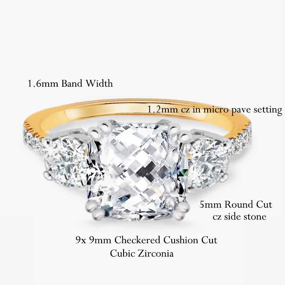 Samie Collection 3 Stone Cushion Cut Simulated Diamond Engagement Ring with Side Stones in Yellow Gold & White Gold Plating, Size 8