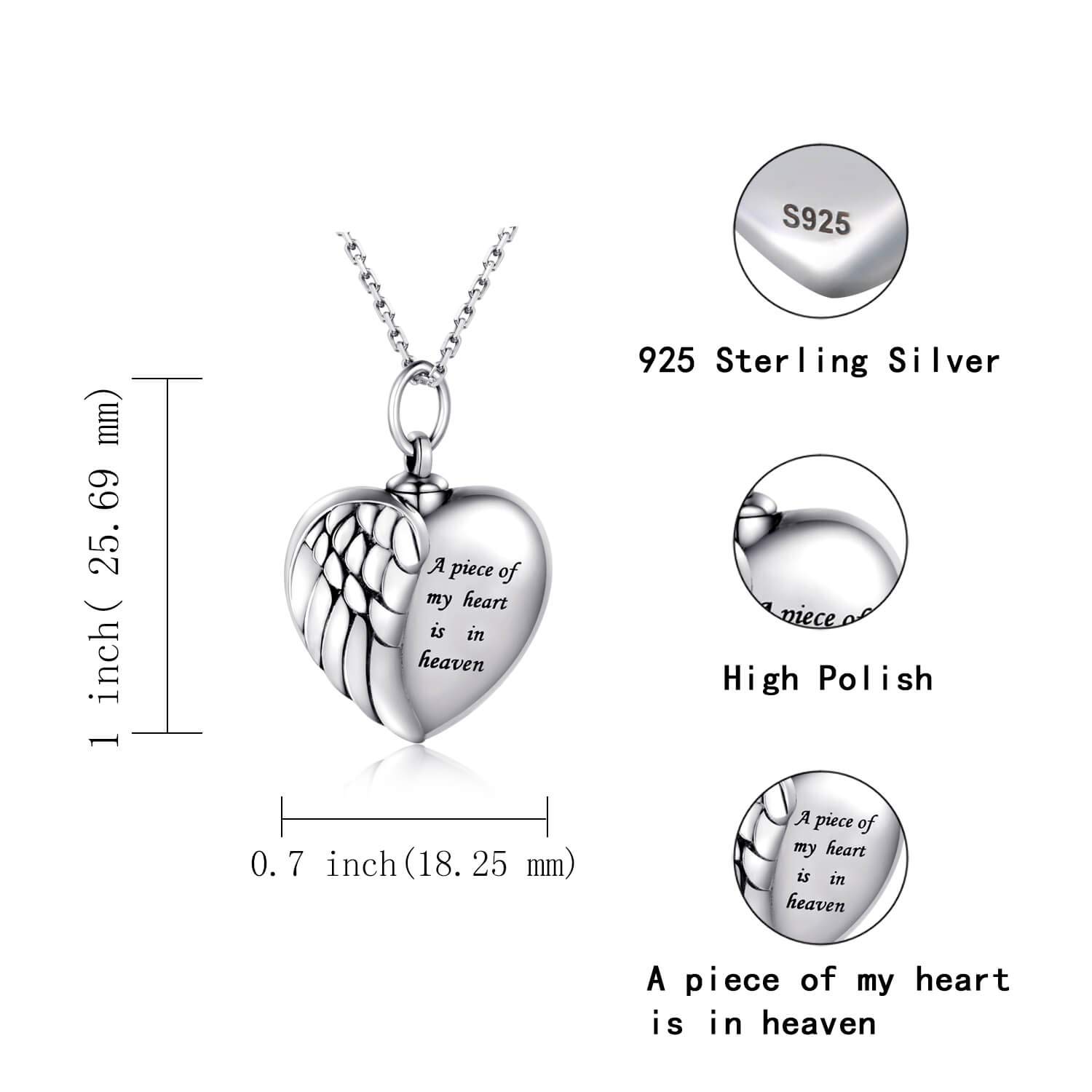 925 Sterling Silver Angel Wing Heart Urn Pendant Necklace For Ashes - A piece of my heart is in heaven Memorial Keepsake Cremation Jewelry (Wing)