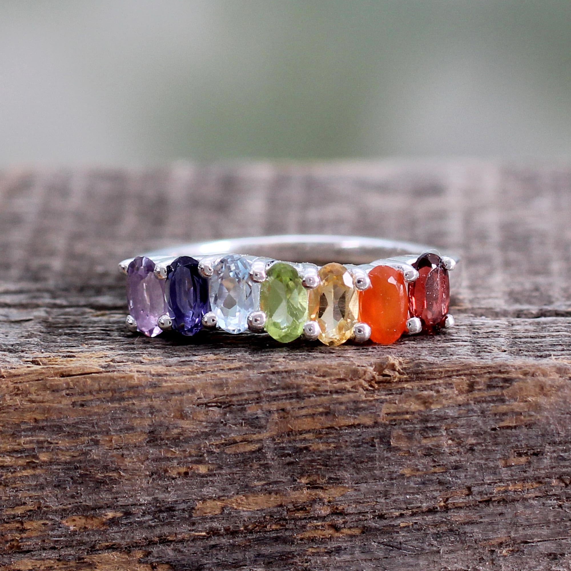 NOVICA Artisan Handmade Multigemstone Chakra Ring Sterling Silver Jewelry Garnet Carnelian Citrine Peridot Iolite Band Cocktail India Birthstone [ring Front 0.8 in L x 0.2 in W x 0.2 in H Band Width ]