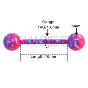 Jewseen 5PCS Pink Purple Acrylic Balls Tongue Barbell Splatter 316L Stainless Steel Bar Tongue Rings Piercing