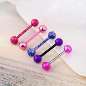 Jewseen 5PCS Pink Purple Acrylic Balls Tongue Barbell Splatter 316L Stainless Steel Bar Tongue Rings Piercing