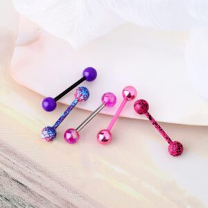 Jewseen 5PCS Pink Purple Acrylic Balls Tongue Barbell Splatter 316L Stainless Steel Bar Tongue Rings Piercing