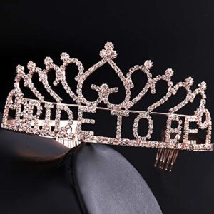 Coucoland Women’s Bride to Be Crown Tiara and Bride to Be Sash Crystal Rhinestone Tiara Headband for Wedding Bridal Shower(Rose Gold)