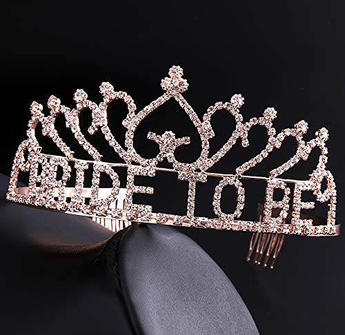 Coucoland Women’s Bride to Be Crown Tiara and Bride to Be Sash Crystal Rhinestone Tiara Headband for Wedding Bridal Shower(Rose Gold)