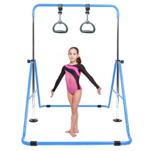 amrta gymnastics bars for home with rings set blue, adjustable height training balance kip monkey bar folding horizontal gymnastic equipment, for kids children junior toddler ages 3-10