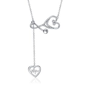 yfn sterling silver stethoscope jewelry heartbeat ekg adjustable lariat y necklace for women doctor nurse gift (stethoscope lariat necklace)