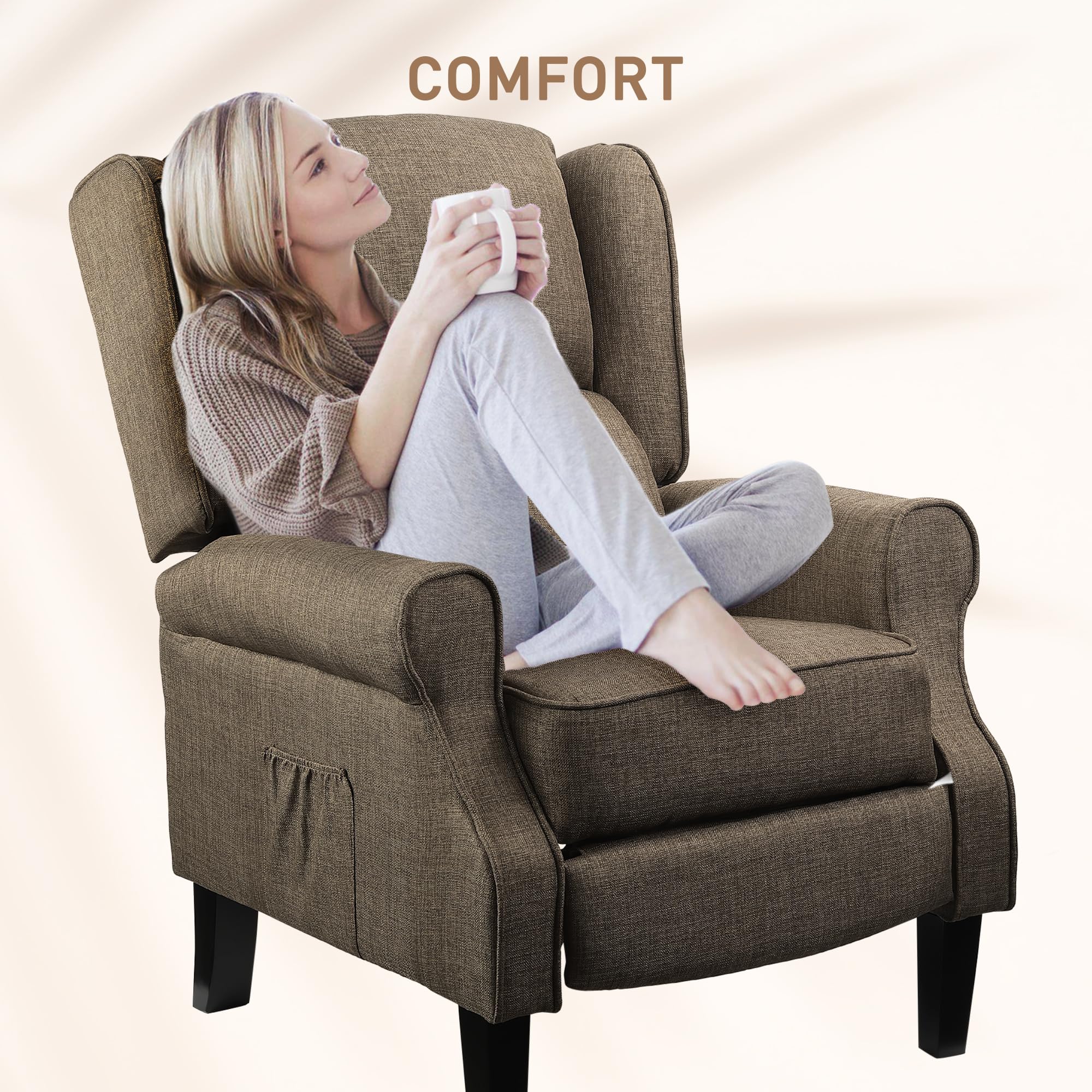 HOMCOM Vibration Massage Recliner Chair for Living Room with Heat, Wingback Single Sofa, Modern Linen Fabric Push Back Reclining Chair with Footrest, Side Pocket, Brown