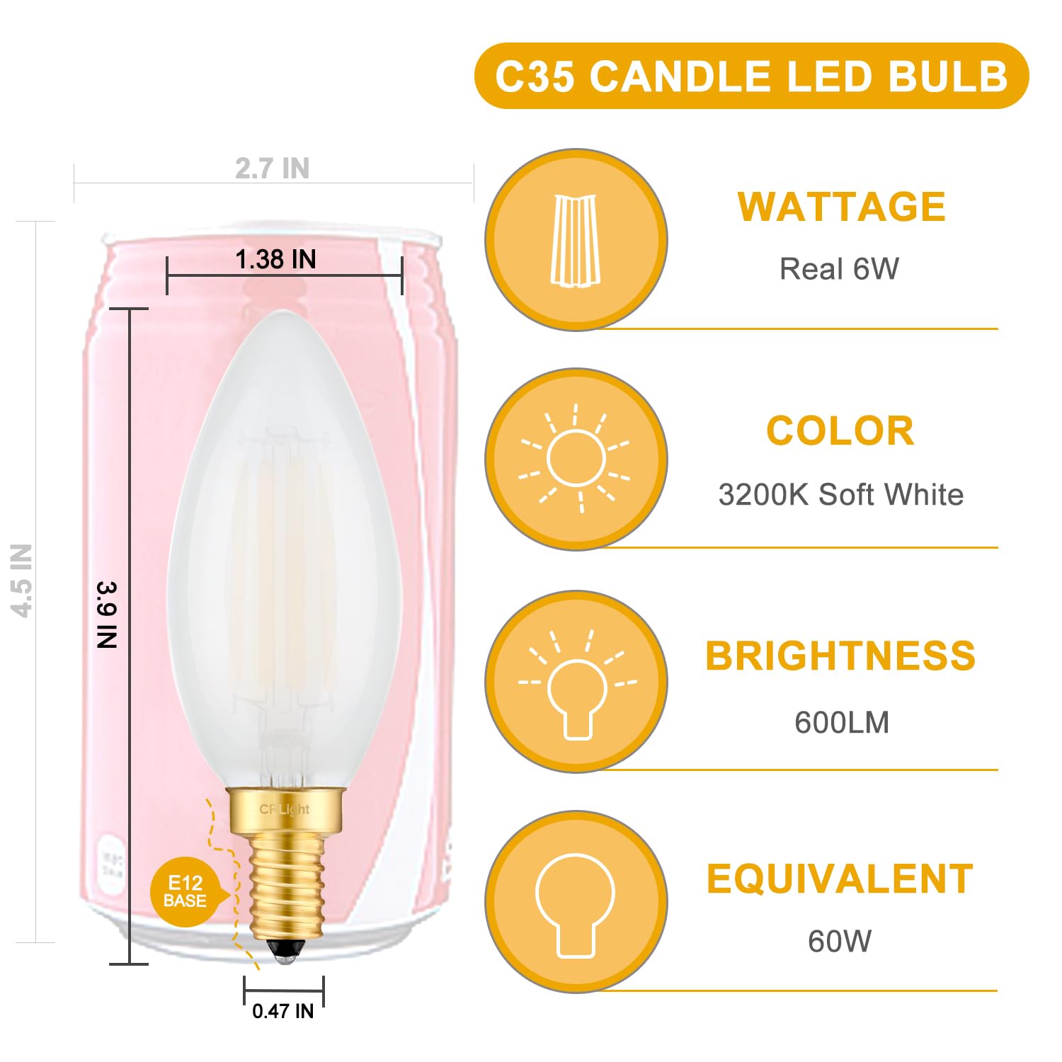 CRLight 6W Dimmable LED Candelabra Bulb 3200K Soft White, 60W Equivalent 600LM, E12 Base LED Filament Light Bulbs, Antique Edison B11 Candle Frosted Glass Chandelier Bulbs, Pack of 8