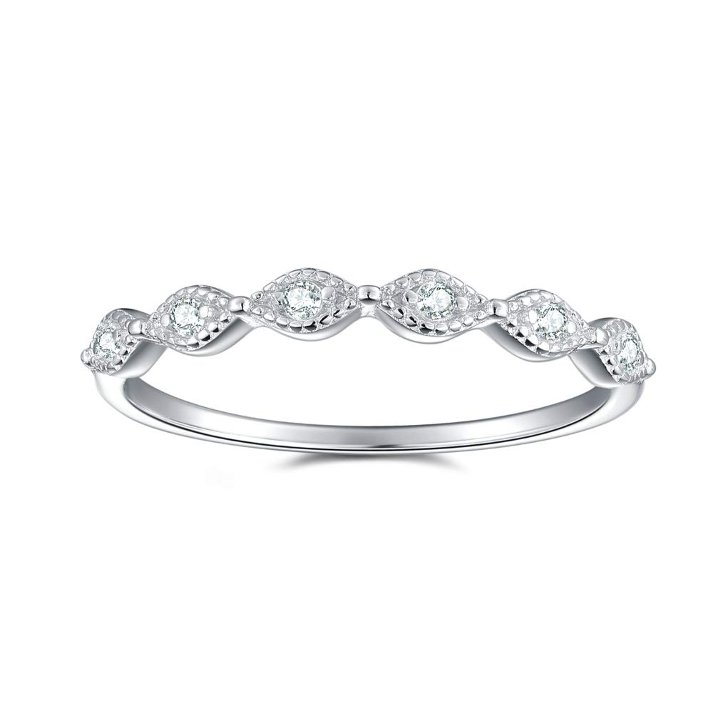 BeFab Sterling Silver Half Eternity Band Petite Milgrain Band Marquise & Dot Ring Stacking Thin Band (Silver, 6)