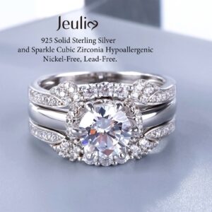 Jeulia 3PC Ladies Classic Round Cut Sterling Silver Rings Set Engagement Anniversary Wedding Band Ring Set With Jewelry Gift Box for Women (5.5)