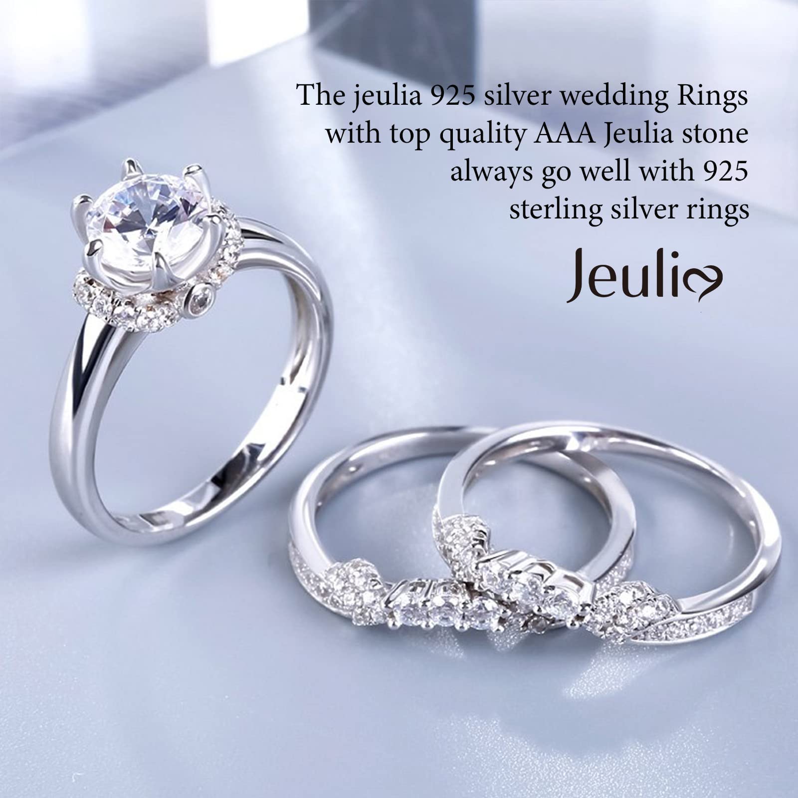 Jeulia 3PC Ladies Classic Round Cut Sterling Silver Rings Set Engagement Anniversary Wedding Band Ring Set With Jewelry Gift Box for Women (5.5)