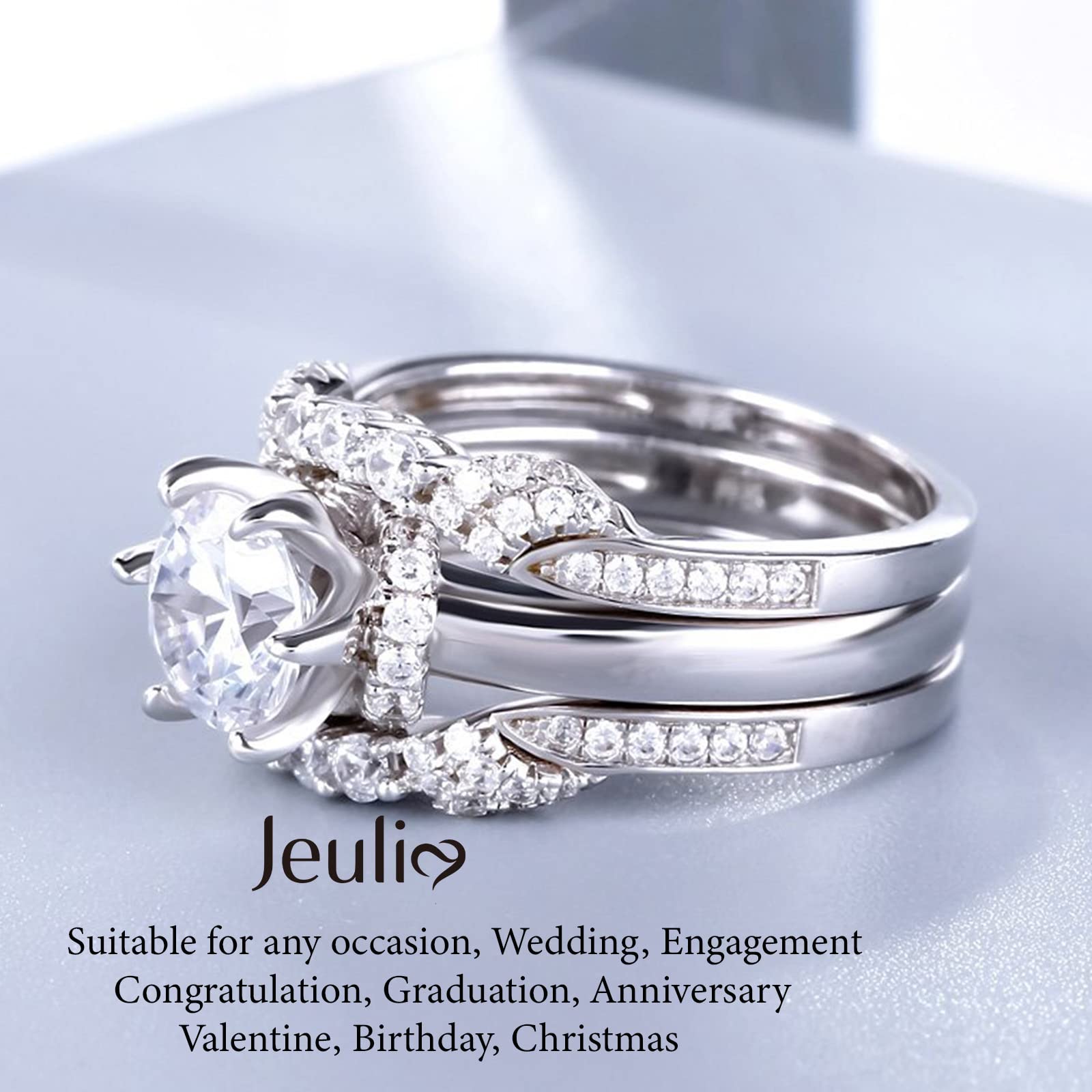 Jeulia 3PC Ladies Classic Round Cut Sterling Silver Rings Set Engagement Anniversary Wedding Band Ring Set With Jewelry Gift Box for Women (5.5)