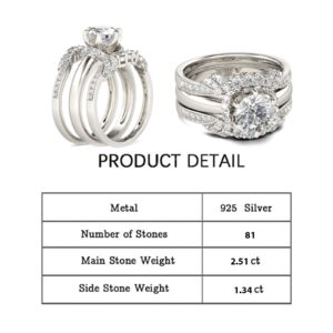 Jeulia 3PC Ladies Classic Round Cut Sterling Silver Rings Set Engagement Anniversary Wedding Band Ring Set With Jewelry Gift Box for Women (5.5)