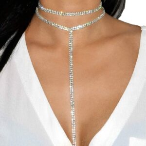 Joygulls Sexy Multilayered Long Choker Necklaces Double Layer Crystal Full Rhinestone Choker Necklace Pendant Statement Necklaces Luxury Jewelry for Women Nightclub Party(Silver)