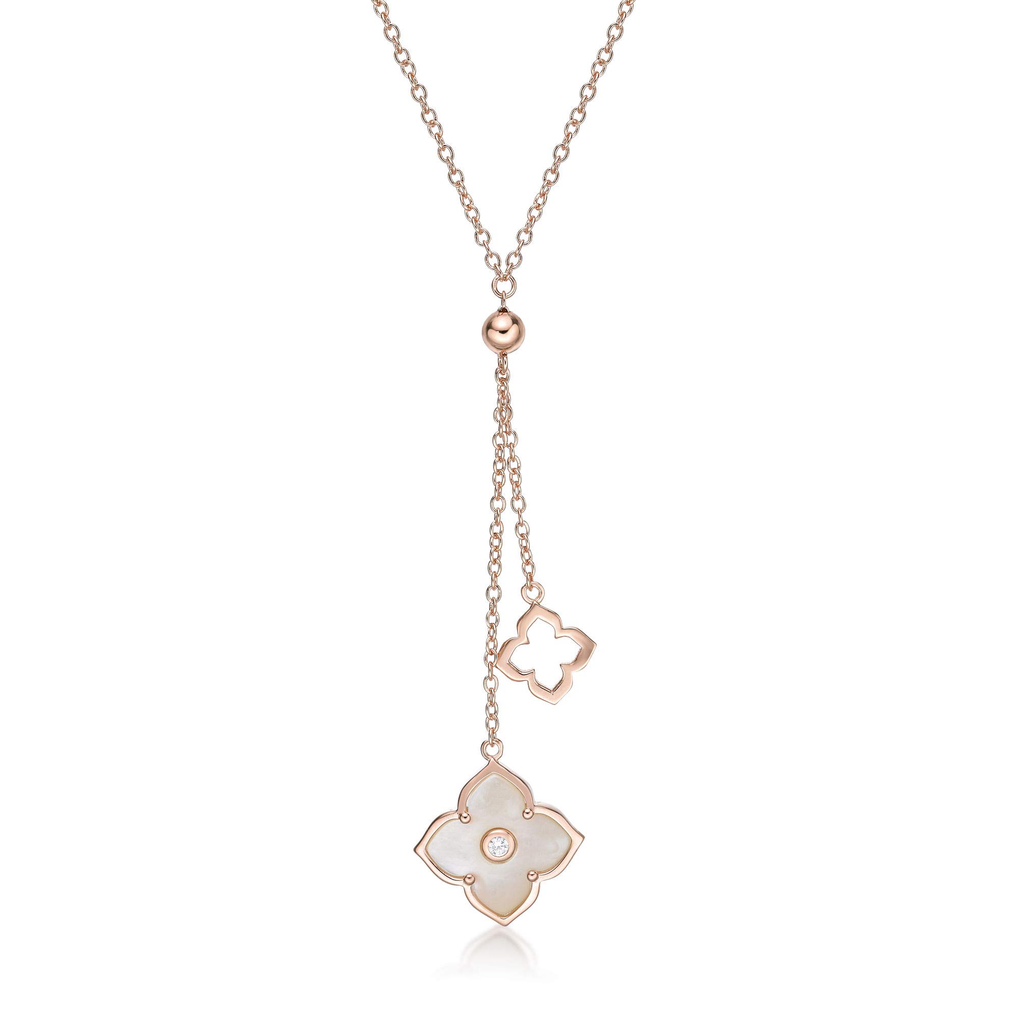 Lavari Jewelers Mother of Pearl and Cubic Zirconia Double Flower Pendant Necklace for Women - Rose Gold Plated 925 Sterling Silver Necklace for Her - 16 to 18 Inch Adjustable Chain - CZ Spring Ring