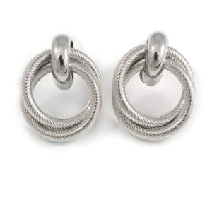 double interlocked eternity circle of love hoop stud earrings in silver tone - 30mm long