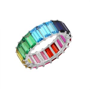 kiera couture multicolored princess baguette sterling silver band ring size 6 - rainbow