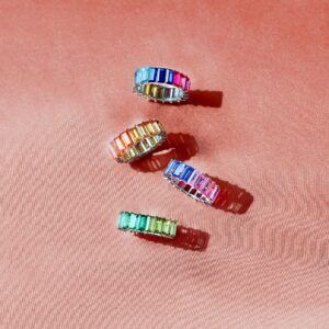 KIERA COUTURE Multicolored Princess Baguette Sterling Silver Band Ring Size 6 - Rainbow