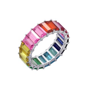 KIERA COUTURE Multicolored Princess Baguette Sterling Silver Band Ring Size 6 - Rainbow