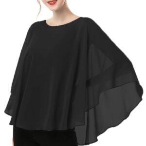 Casual Chiffon Cape Soft Shawl Sheer Shrugs Poncho Capelets shawls and Wraps for Women (Black)