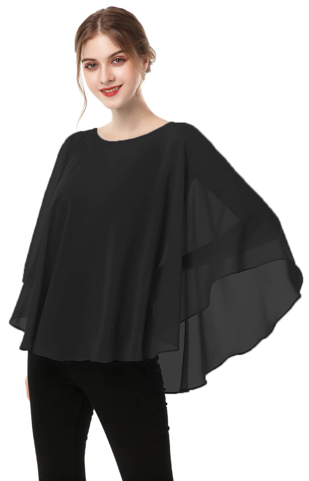 Casual Chiffon Cape Soft Shawl Sheer Shrugs Poncho Capelets shawls and Wraps for Women (Black)