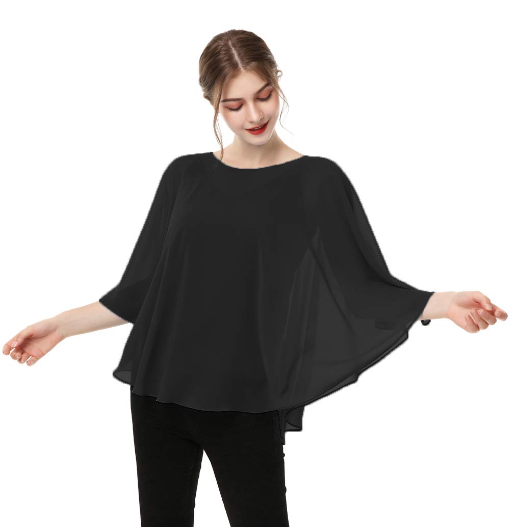 Casual Chiffon Cape Soft Shawl Sheer Shrugs Poncho Capelets shawls and Wraps for Women (Black)